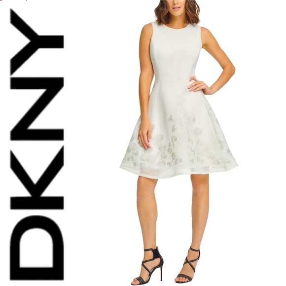 Dkny | Dresses | Nwt Dkny Sleeveless Mesh Fit White Floral Flare Midi Dress Wedding Bridal Bride ...